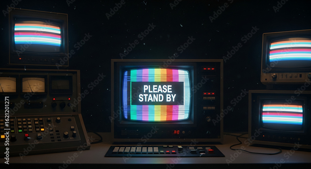 Vintage television screens displaying "Please Stand By" signal in dark ...