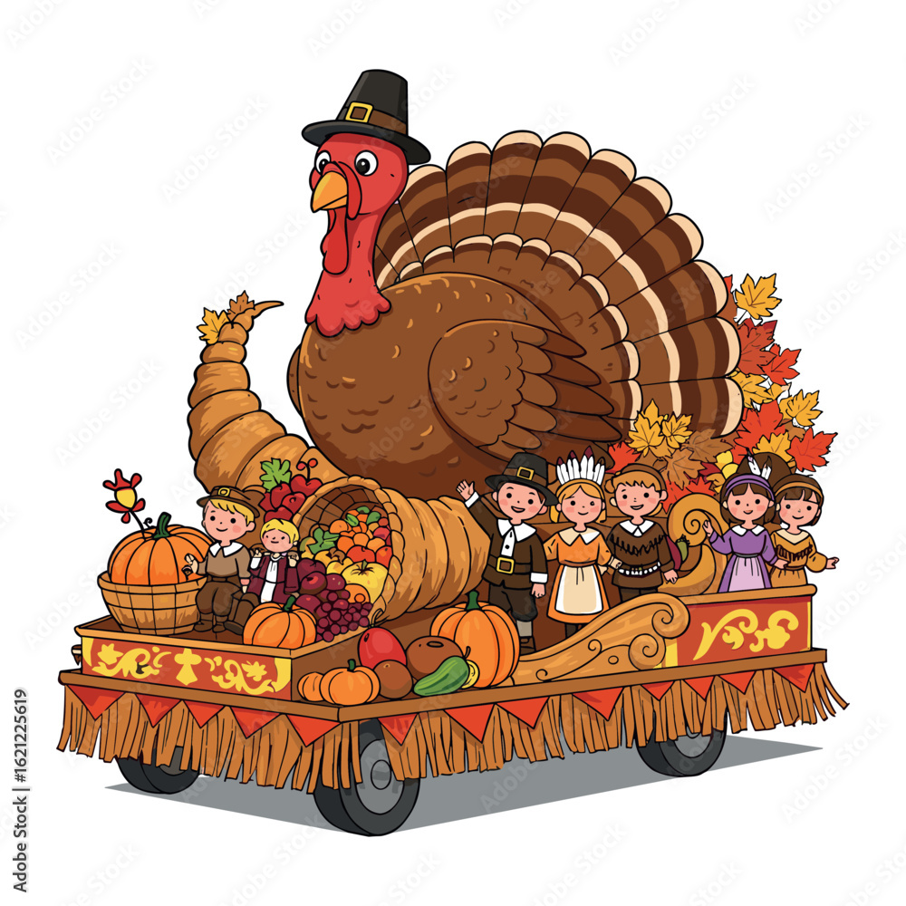 Thanksgiving parade float with festive turkey and diverse children in ...