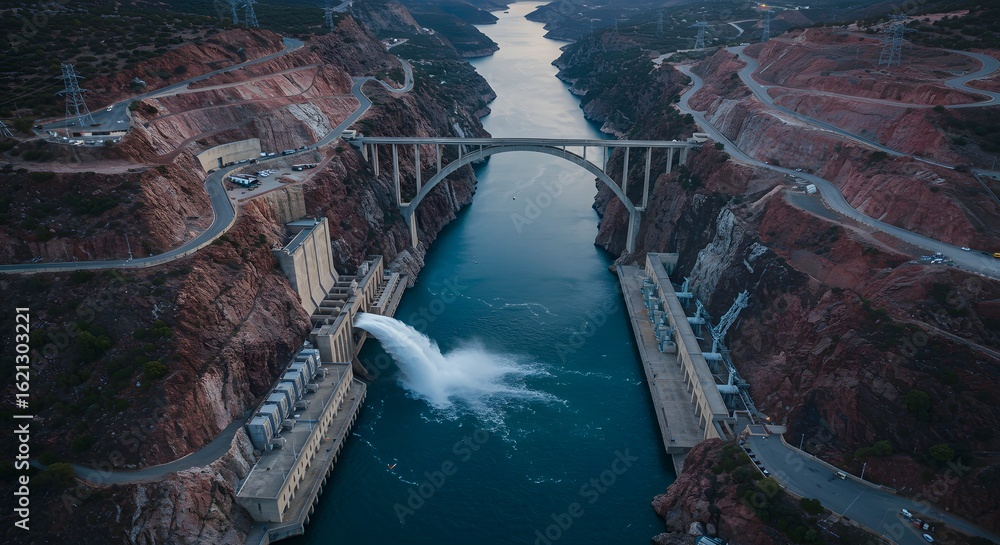 Stunning aerial view of a hydroelectric dam with a bridge across a ...