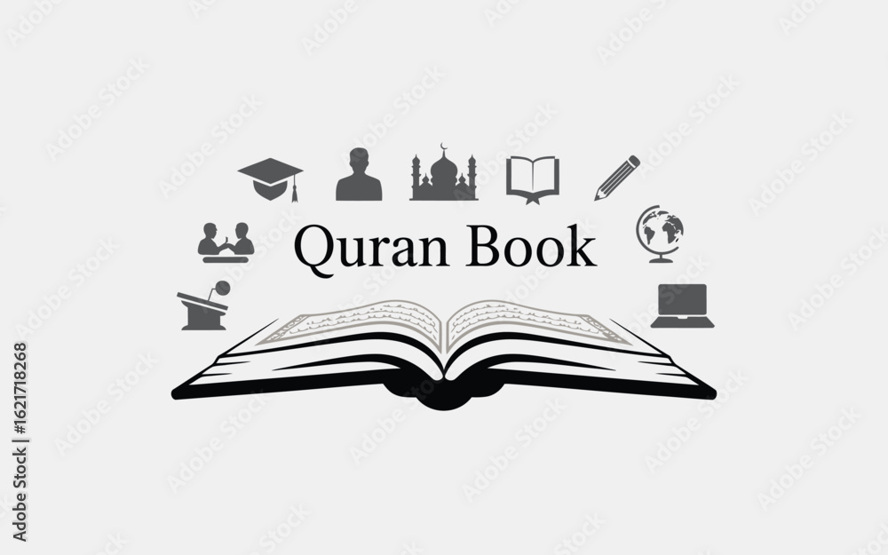 Islamic Education Symbols And Open Quran Book learning Stock Vector ...