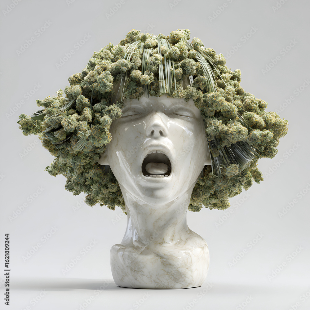 Screaming marble bust with a short fluffy marijuana weed hair — surreal ...