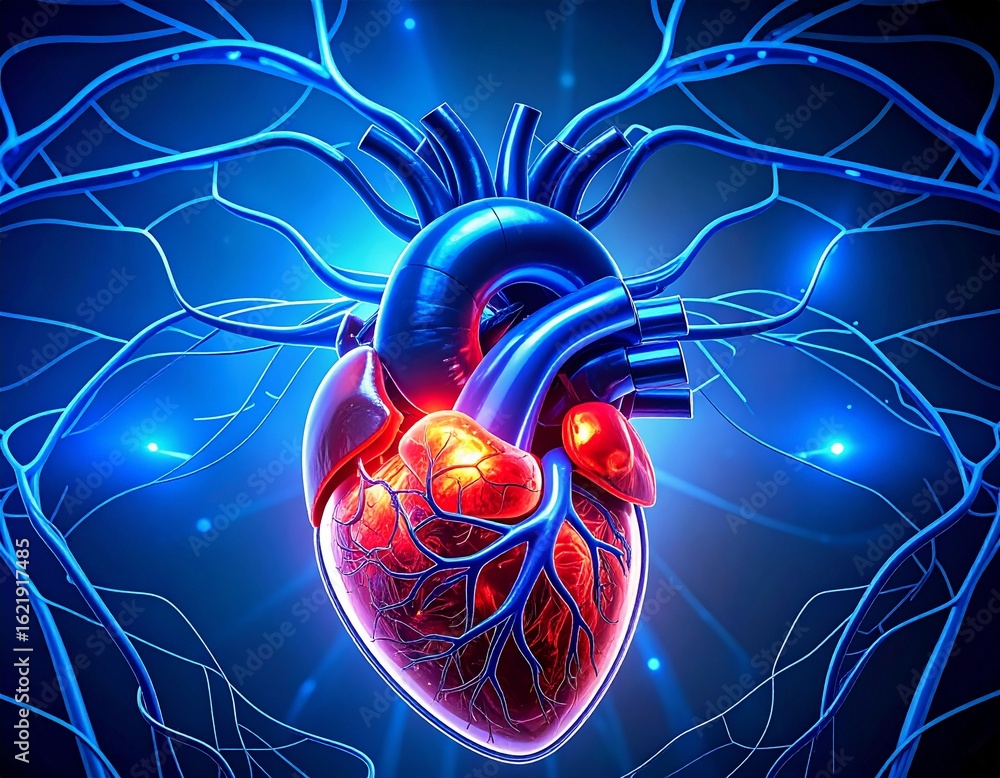 Anatomical human heart with a glowing blue vascular network, a concept ...