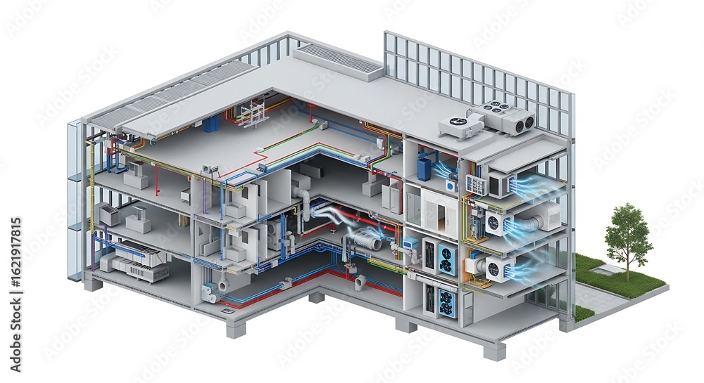 Isometric illustration of a modern building showcasing integrated hvac ...