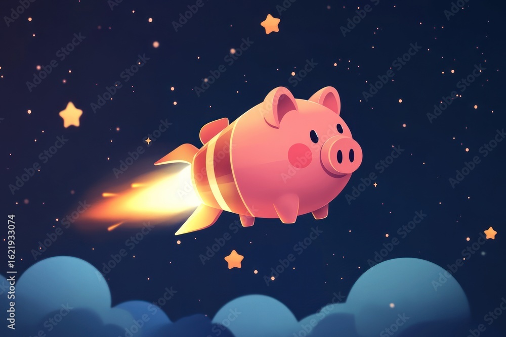 Piggy bank soaring on rocket above stars, money growth and startup ...