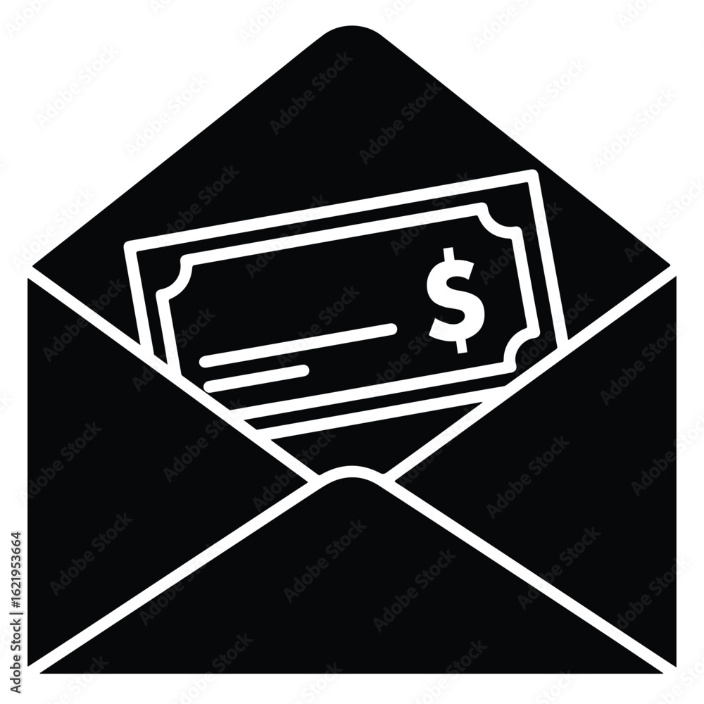 Flat Black Vector Silhouette of Open Envelope with Check and Dollar ...
