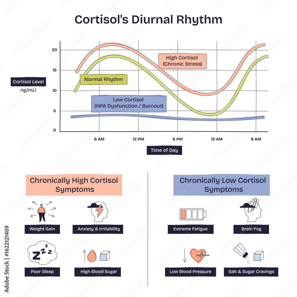 Cortisols diurnal rhythm shows daily hormone fluctuations with a graph ...