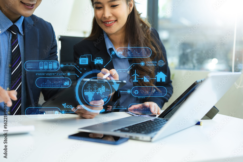 Business team working virtual modern smartphone to reduce CO2 emissions ...