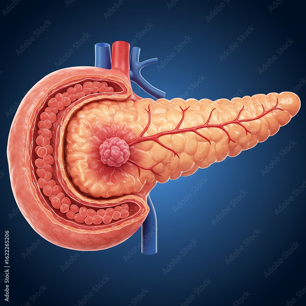 human pancreas, showcasing its glandular tissue and a prominent ...