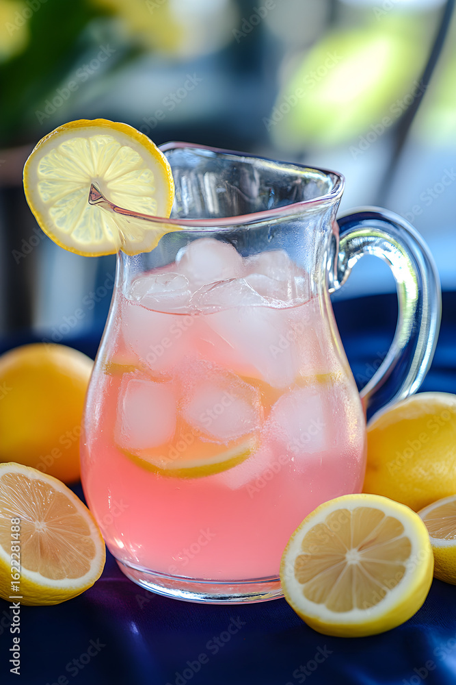 Pink lemonade reflects light in clear glass pitcher with lemons. Use ...