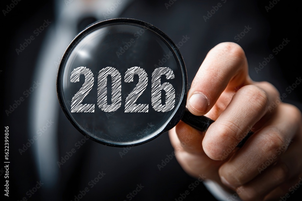 Magnified year 2026 shown through a magnifying glass held by a hand in ...