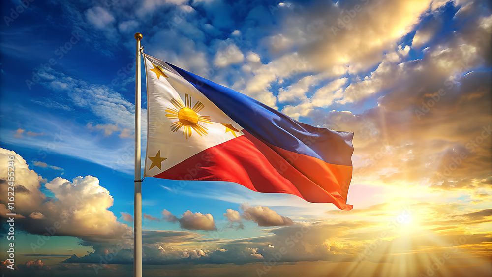 The philippine flag waves proudly against a dramatic sunset sky filled ...