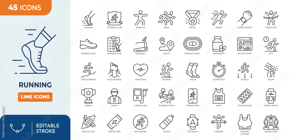 Running line editable icon set. Contain icons related to Running sport ...