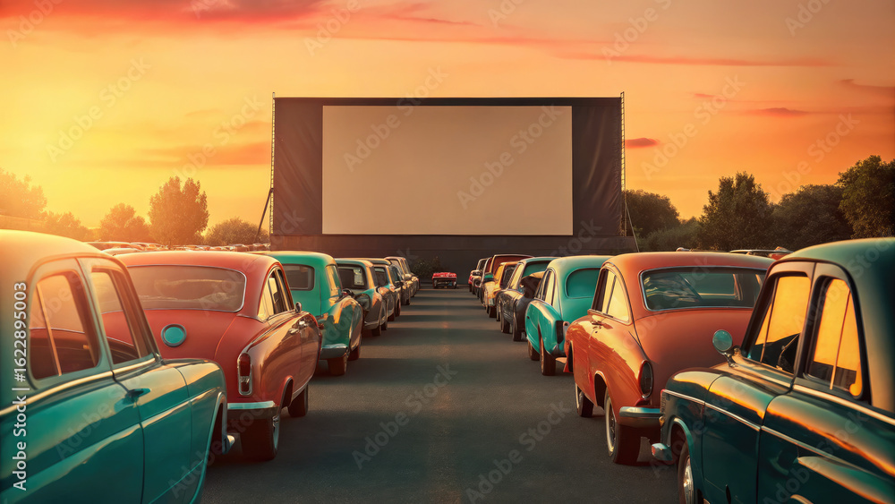 American drive-in with cars lined up in rows concept. Classic cars ...