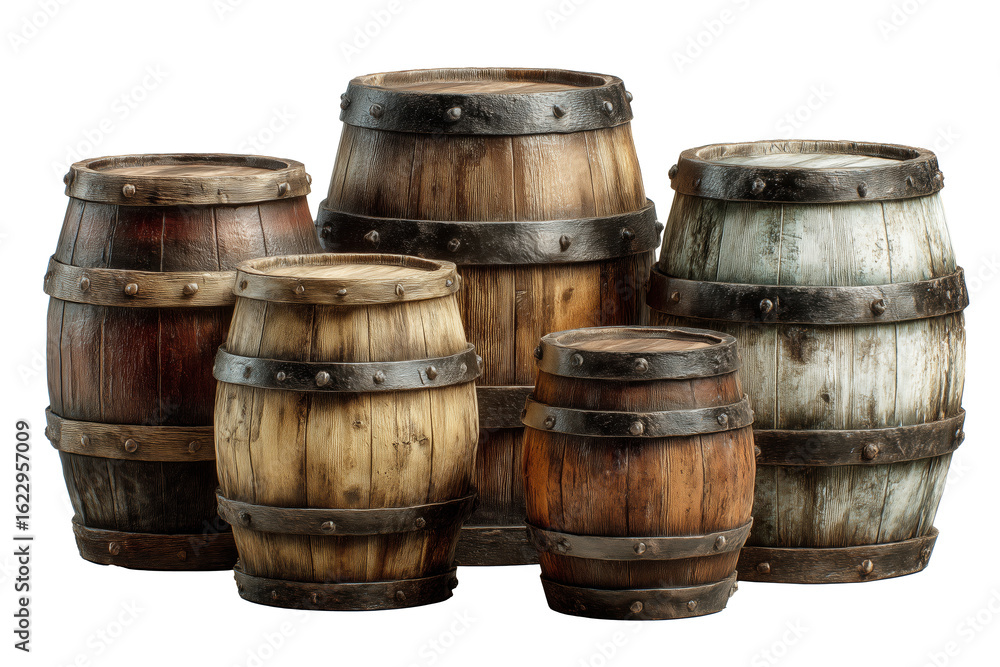 Group of wooden barrels of various sizes with metal bands, pirate-style ...