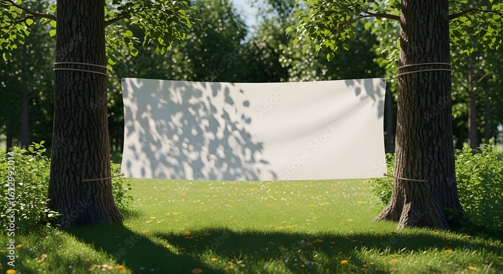 Blank white banner mockup hanging between two trees in a sunny park ...