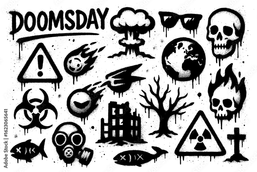 Doomsday icons with skulls, explosions, and grim reaper in spray paint ...