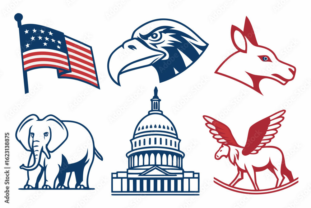 Political party symbols and us capitol building isolated on white ...