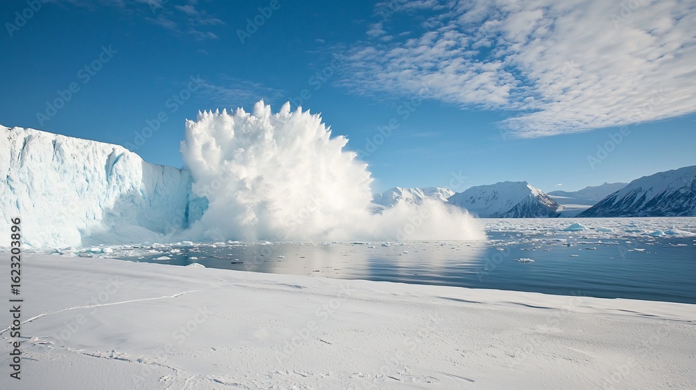 Dynamic glacier calving event arctic ocean nature scene icy environment ...
