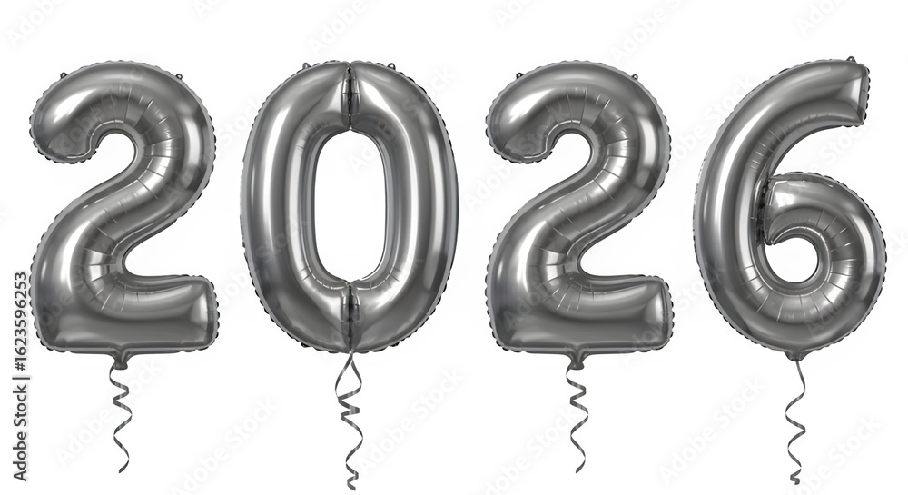 Metallic silver balloons shaped as numbers 2026 for celebration isolate ...