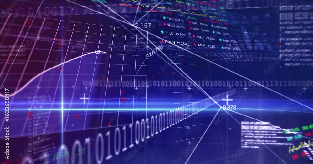 Displaying glowing binary code streams with line graphs in 3D data hub ...