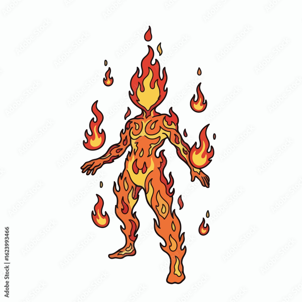 Fire elemental figure humanoid form with flames standing against a ...