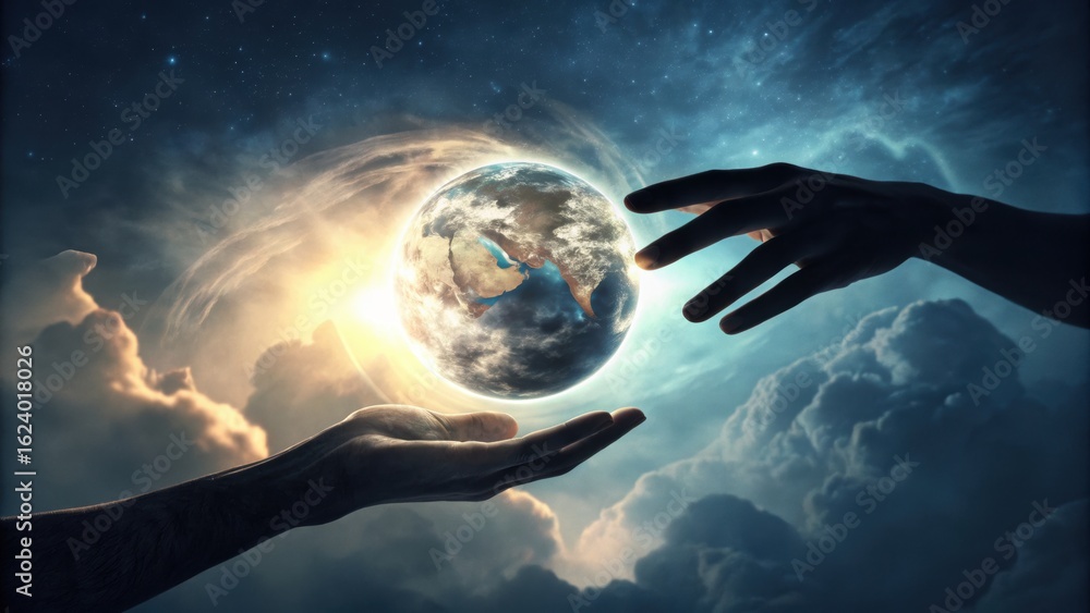 Divine creation of Earth, celestial hands nurturing our planet amidst ...