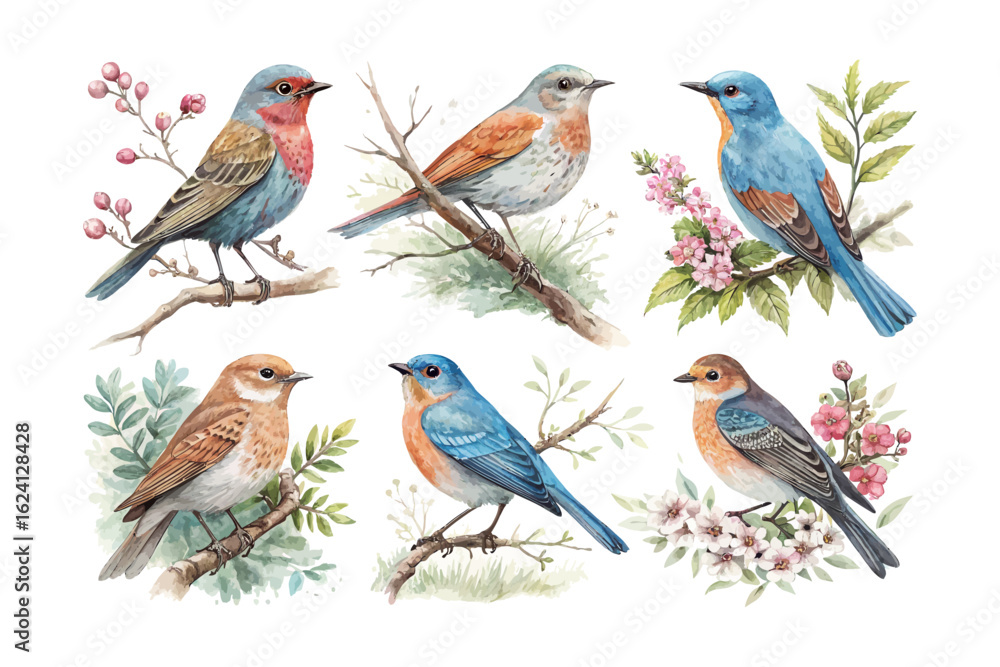 set of watercolor nightingale vector illustration isolated on white ...