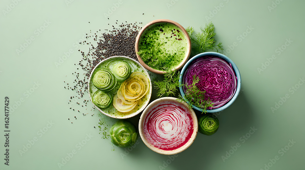 Five probiotic-rich foods in a circle, promoting gut health with ...