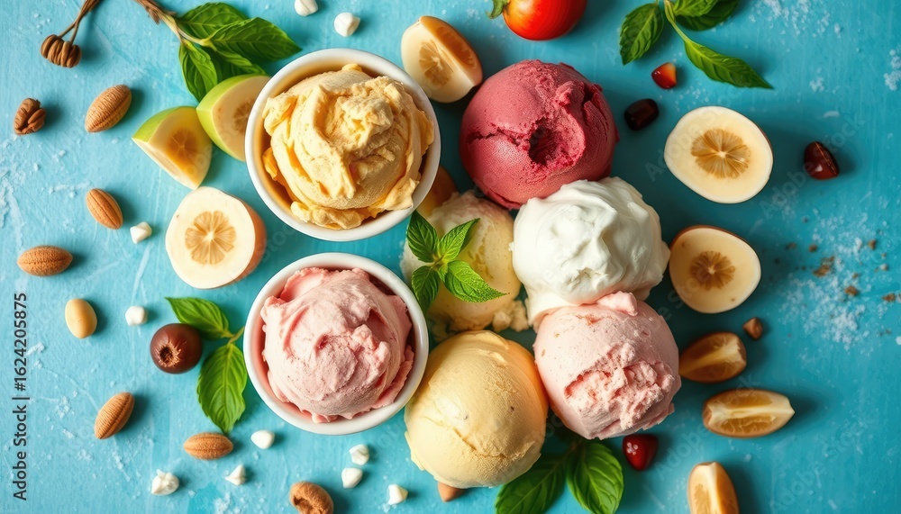 Ice cream spread featuring a variety of textures gelato, sorbet, soft ...