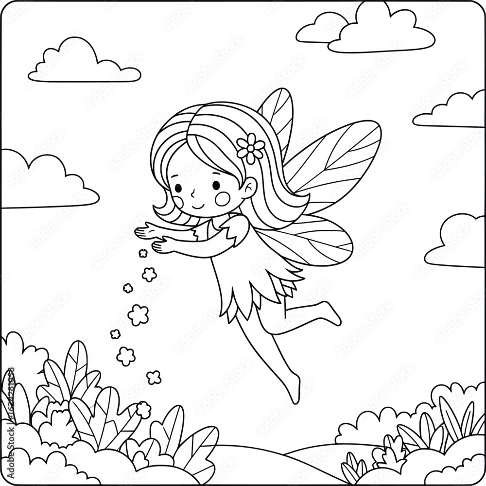Cute Fairy Coloring Page Featuring a Magical Girl with Wings Sprinkling ...