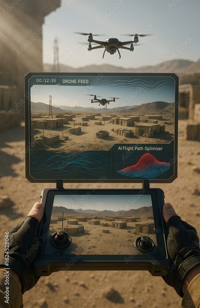 Drone Operator Controlling AI Powered Surveillance Drone Over Desert ...
