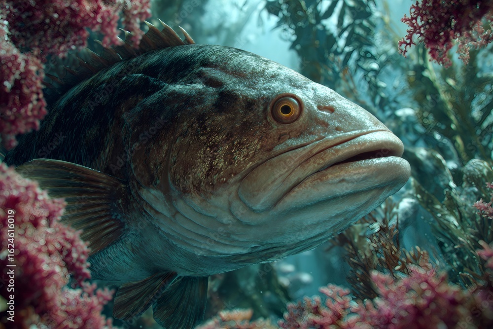Grouper fish swimming gracefully among vibrant coral reefs and swaying ...