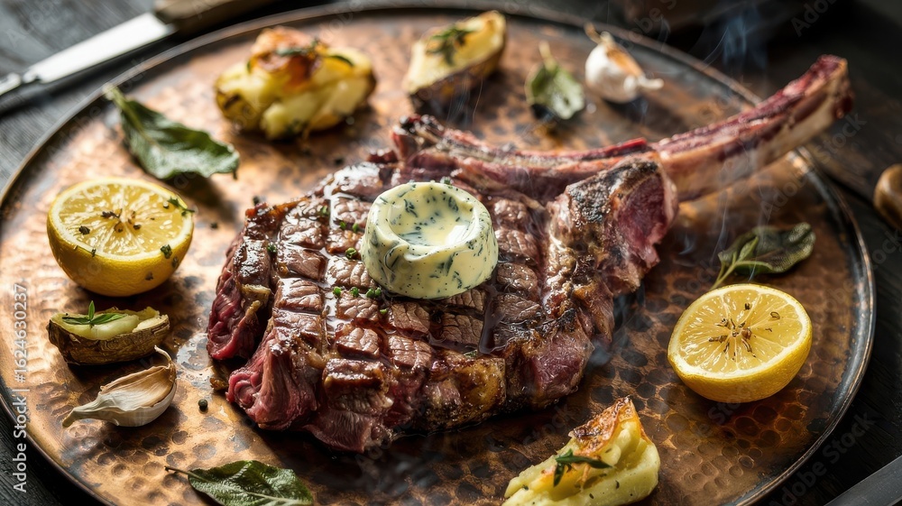 Bone in tomahawk steak with herb butter and grill marks on copper ...