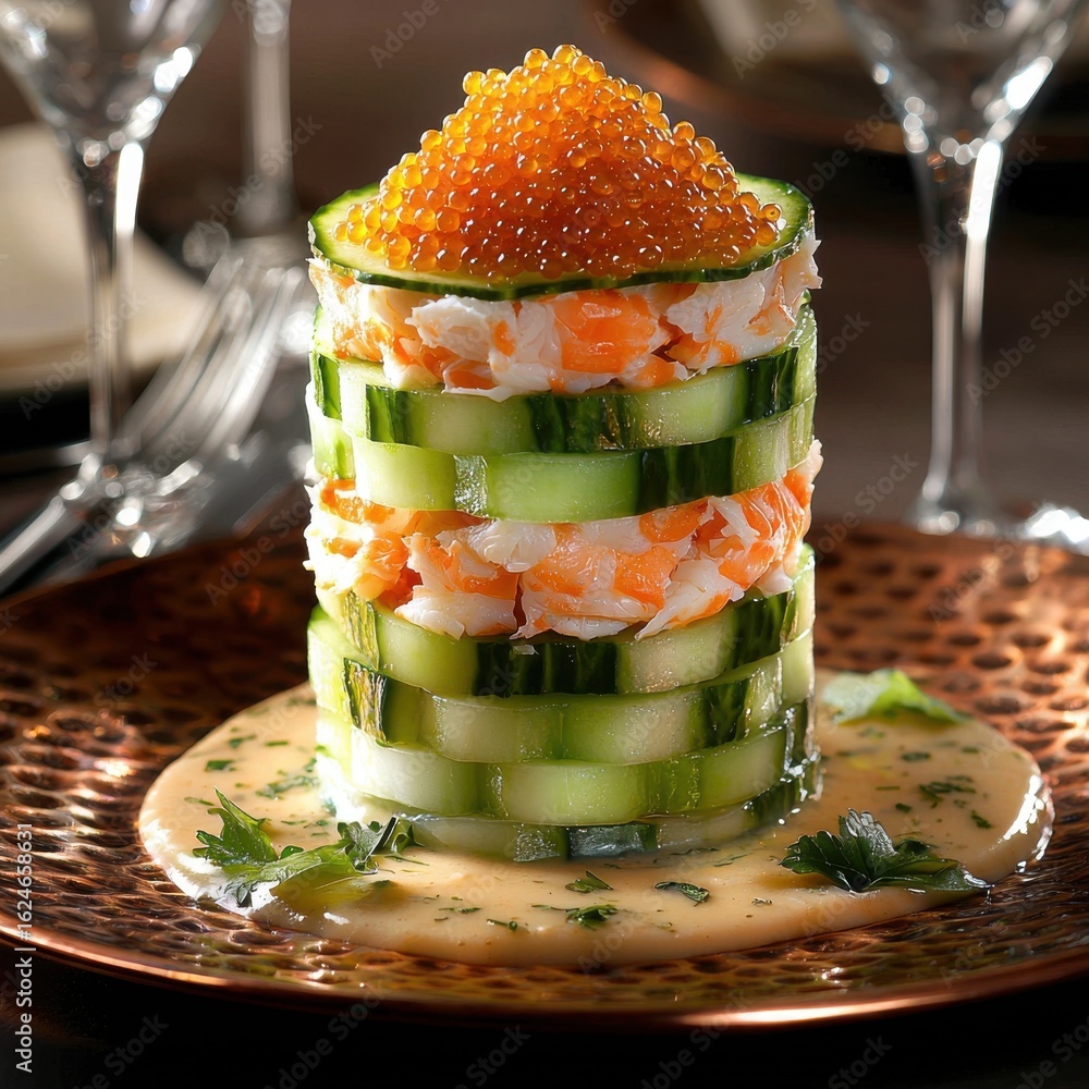 Gourmet seafood timbale tower with layered salmon, cucumber and crab ...