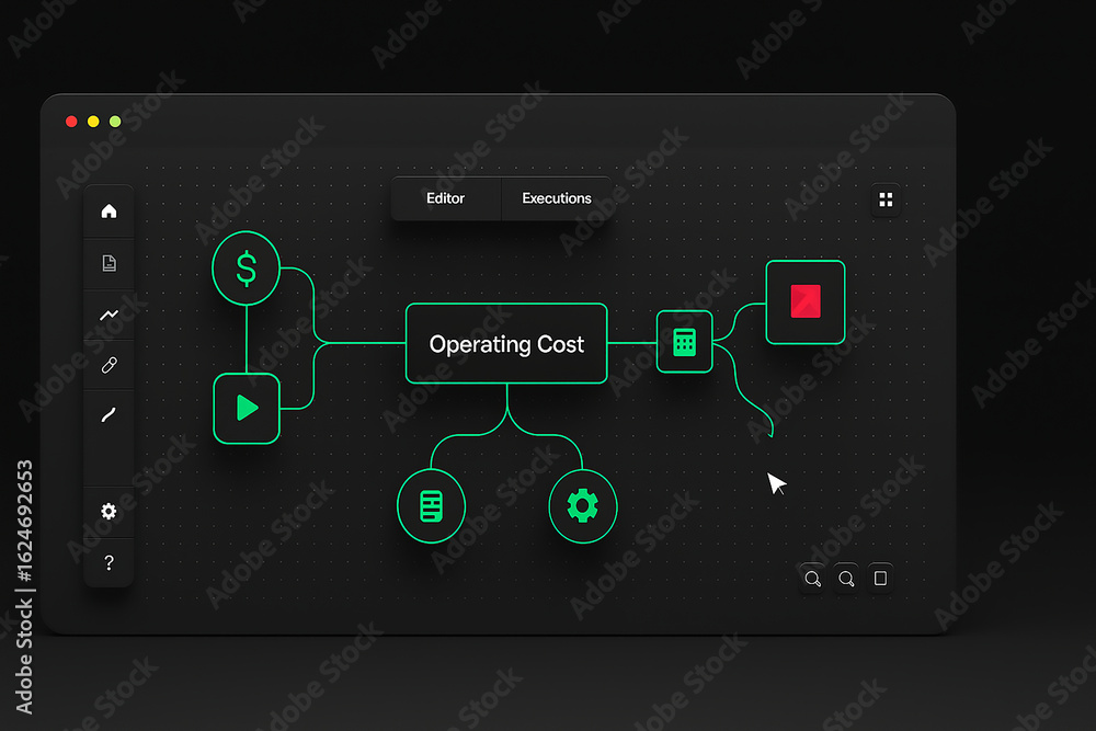Operating Cost System, A dark-themed interface with a flowchart diagram ...