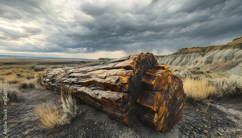 Petrified tree stump landscape under cloudy sky in the desert ...