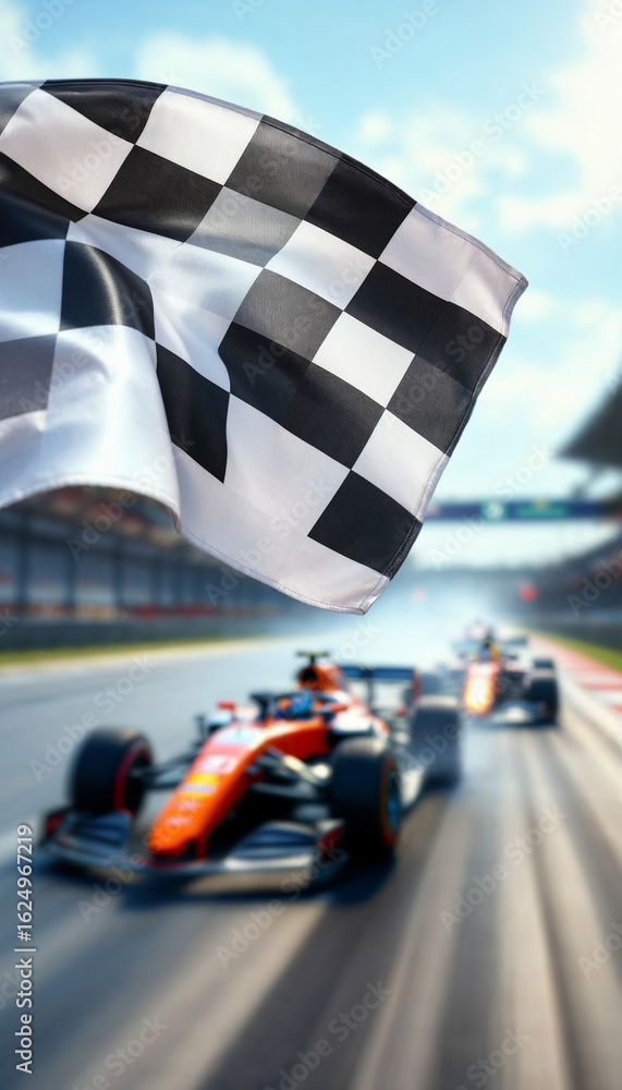 Checkered flag waves as Formula 1 cars blur toward race finish. Stock ...