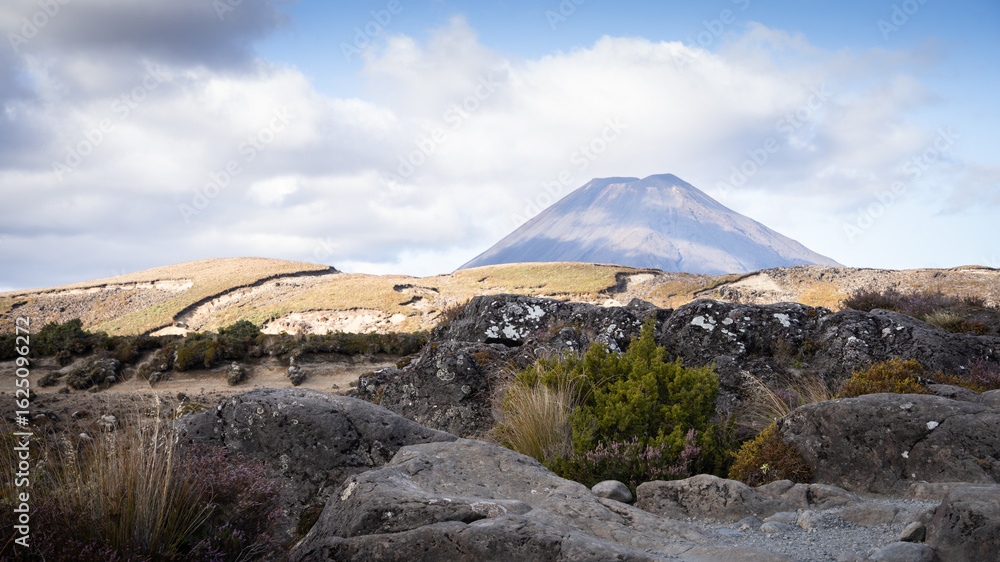 Dry volcanic landscape dominated by perfectly conical volcano in ...