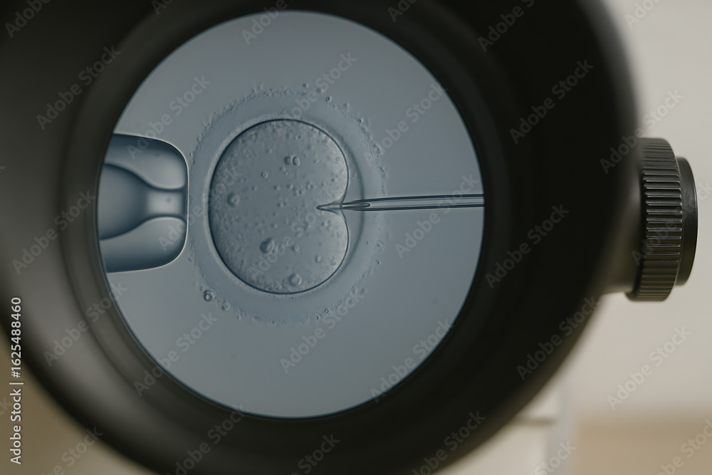Microscopic view of in vitro fertilization process, needle injecting ...