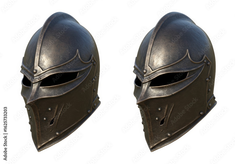 Two antique iron knight helmets on a white background stand side by ...