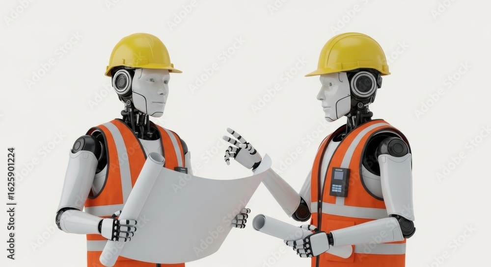 Two robots wearing hard hats and safety vests are discussing blueprints ...