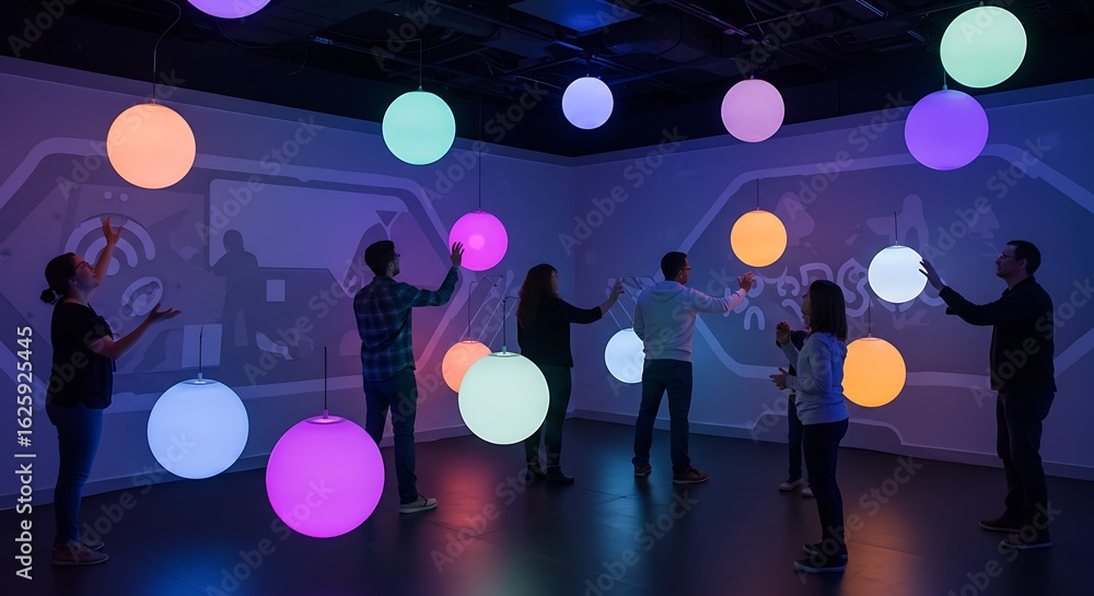 People interact with colorful illuminated spheres in a modern ...