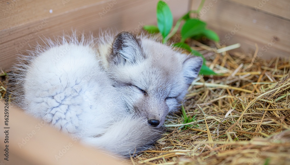 Adorable light-colored baby fox kit sleeping soundly in a cozy nest of ...