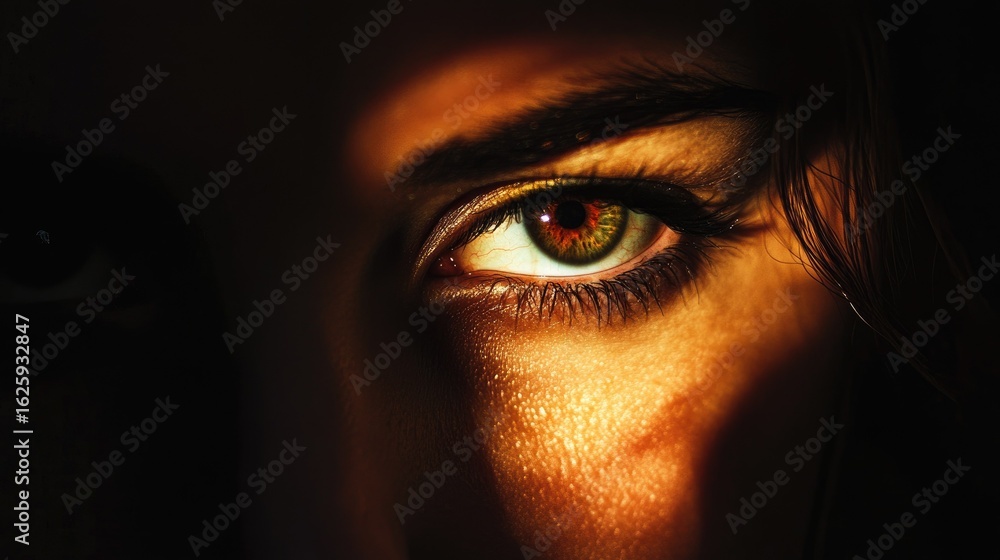 Eyes glowing faintly in dim shadows, creating an eerie and suspenseful ...