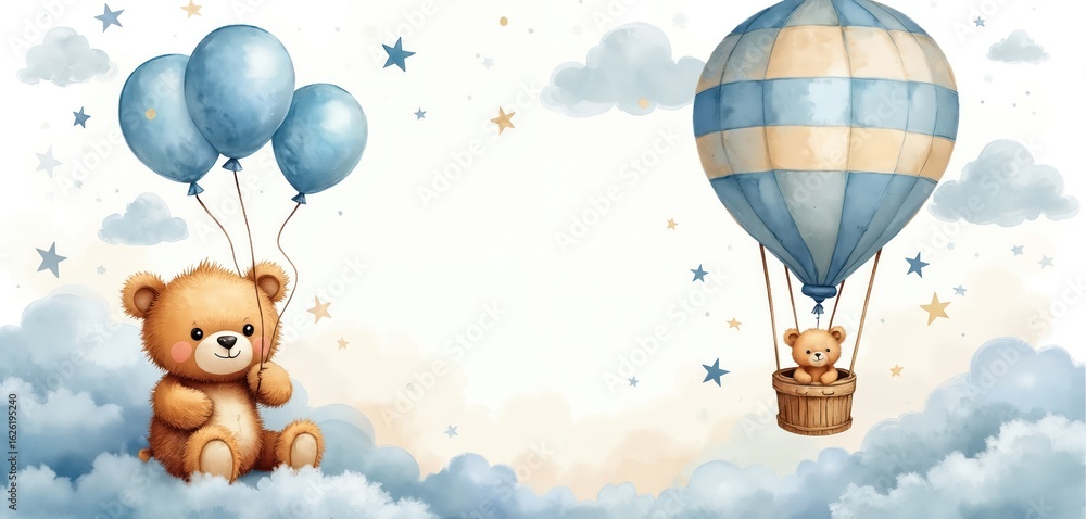 Cute teddy bear flies in hot air balloon amidst clouds, stars. Another ...