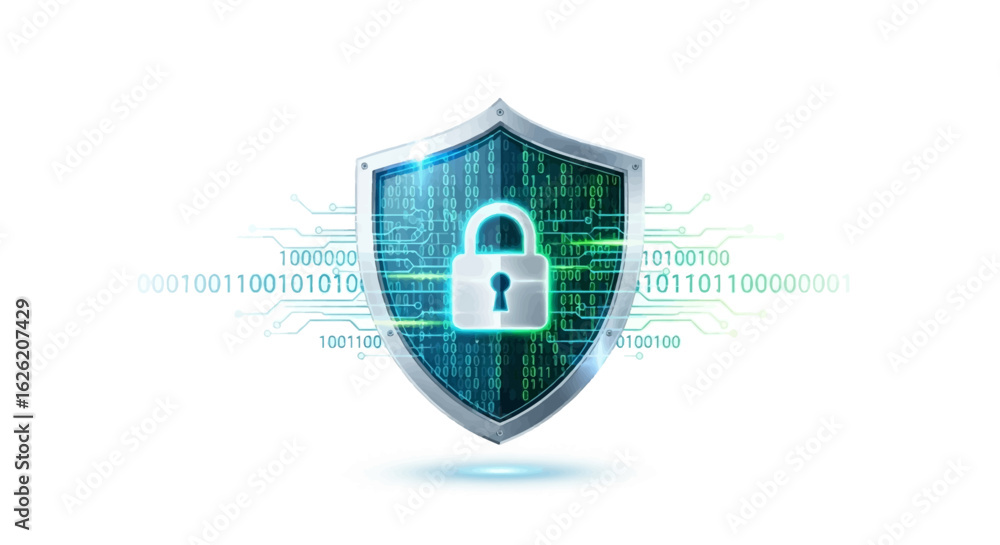 Digital Shield with Glowing Lock and Binary Code. Stock Vector | Adobe ...