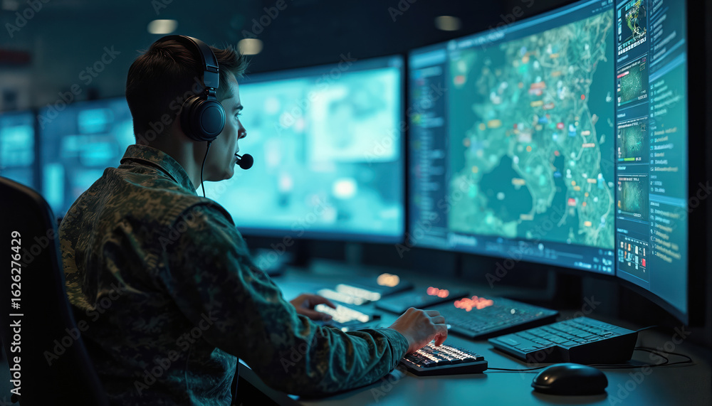 Military personnel in control room monitors tactical data on screens ...