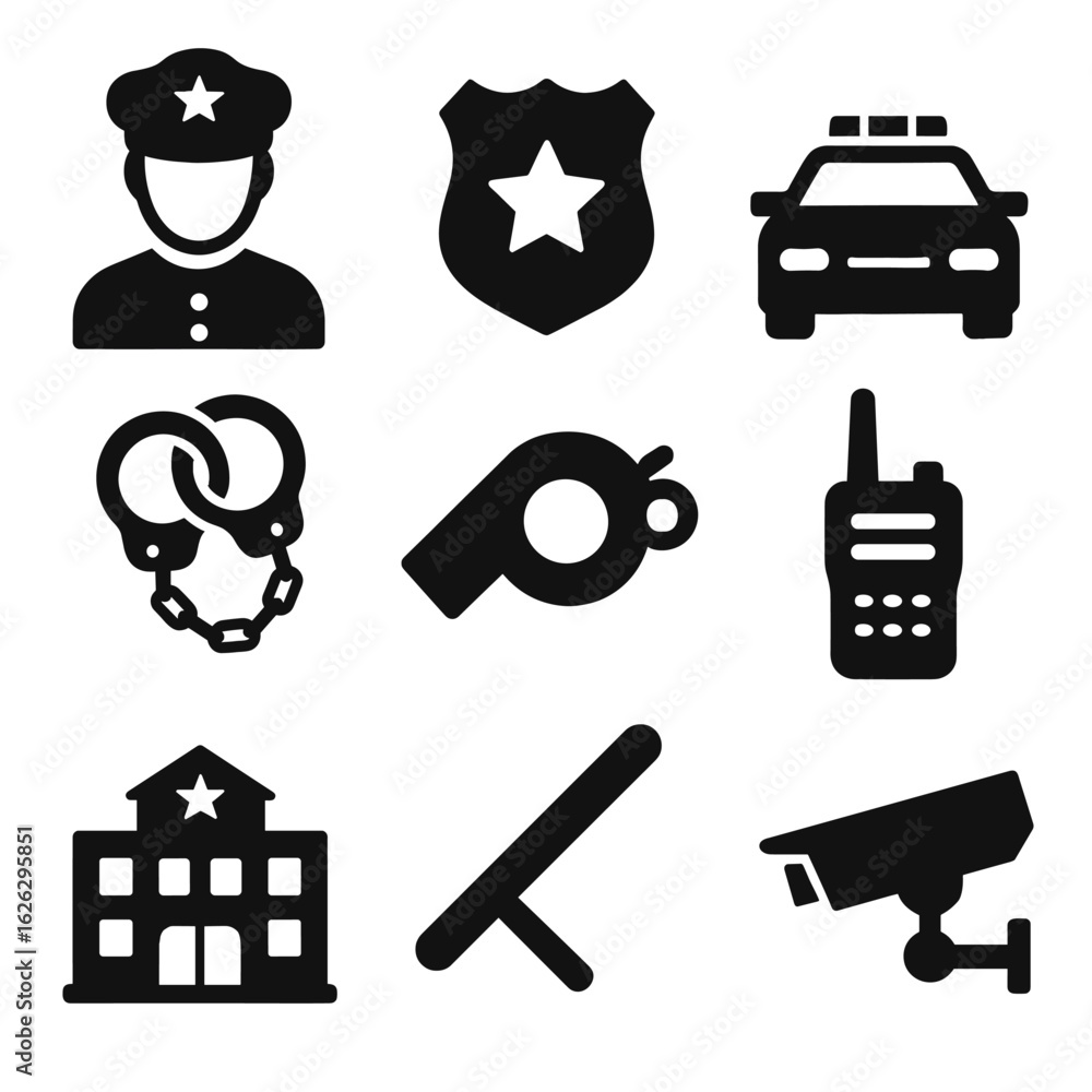 Law enforcement and police icon set. Vector symbols for justice ...