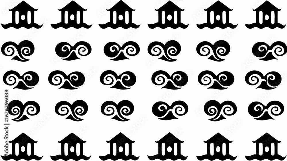 Repeating pattern of stylized houses and swirl shapes in black and ...