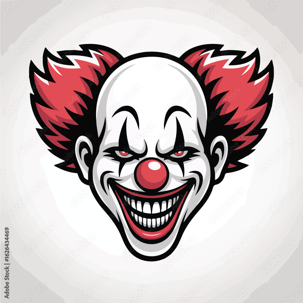 Menacing clown face with wide grin and piercing red eyes creates a ...
